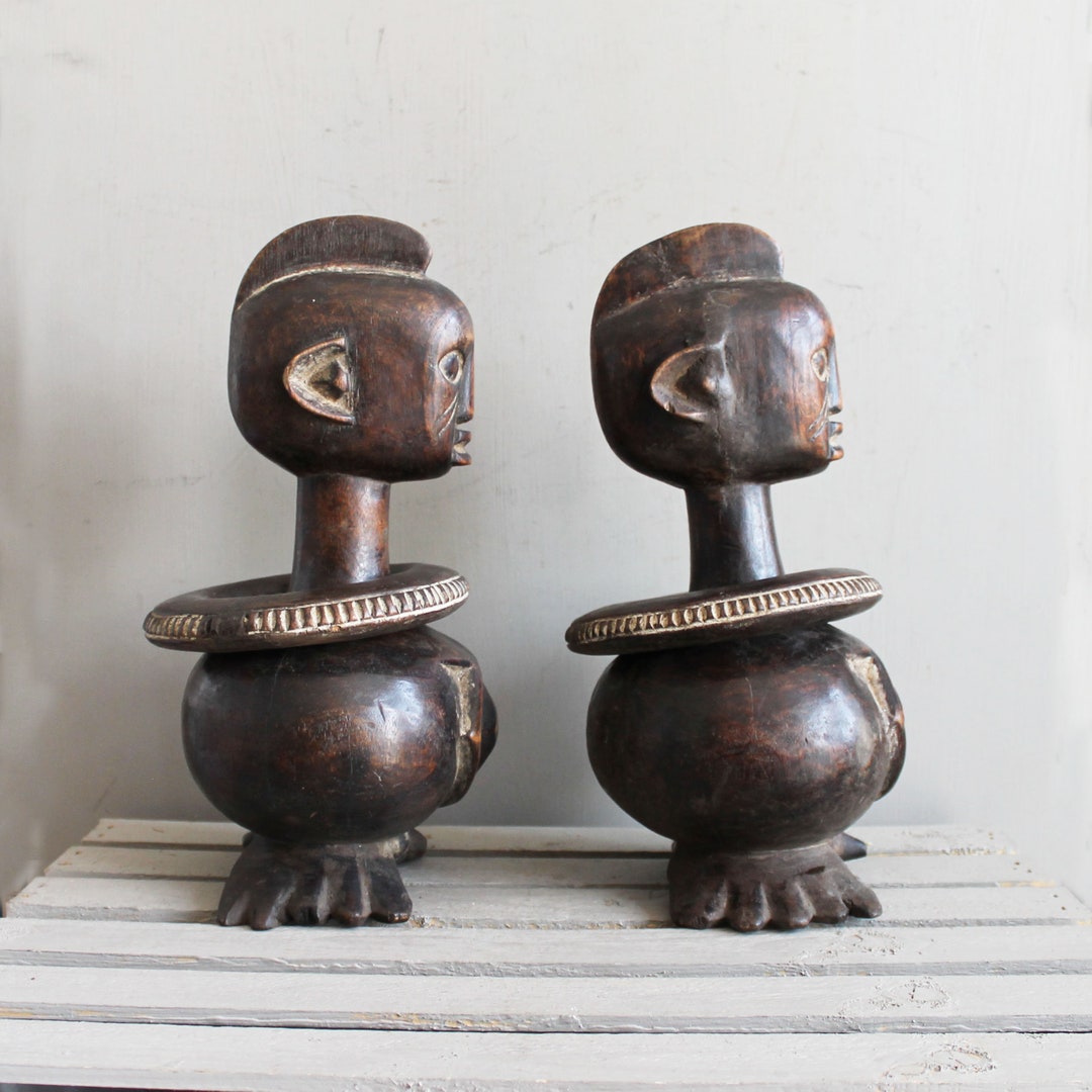 Set of 2 Cameroon Baka Pygmy Dolls Antique Wood Sculpture African Man ...