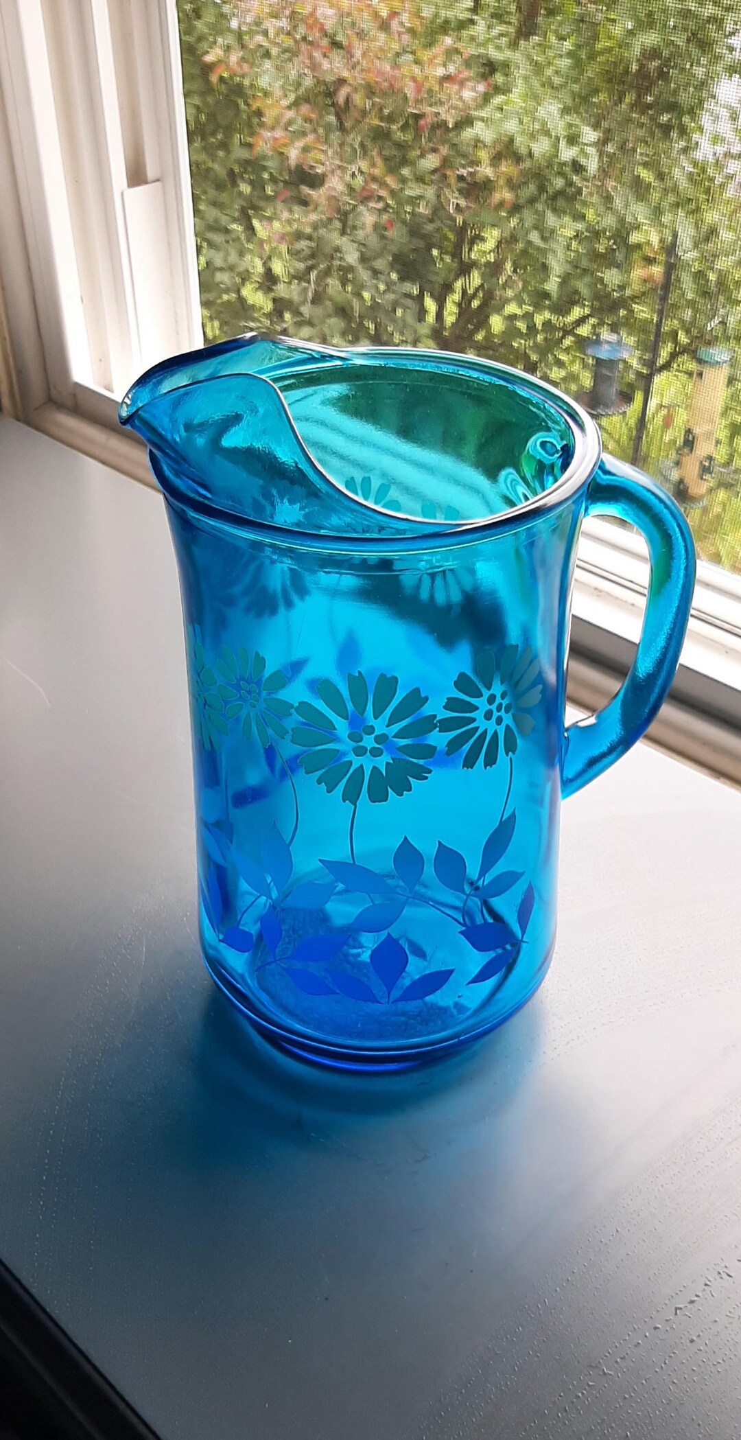 Libbey Teal Pitcher With Daisy Flowers Turquoise Glass - Mid Century ...