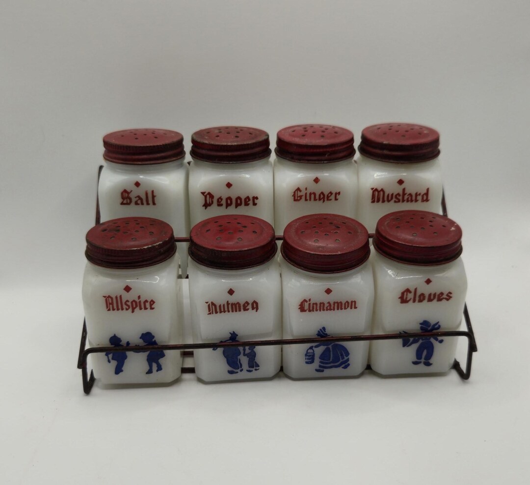 Hazel Atlas Dutch Spice Rack Red Tin Caps & White Milk Glass Shaker - 9 ...