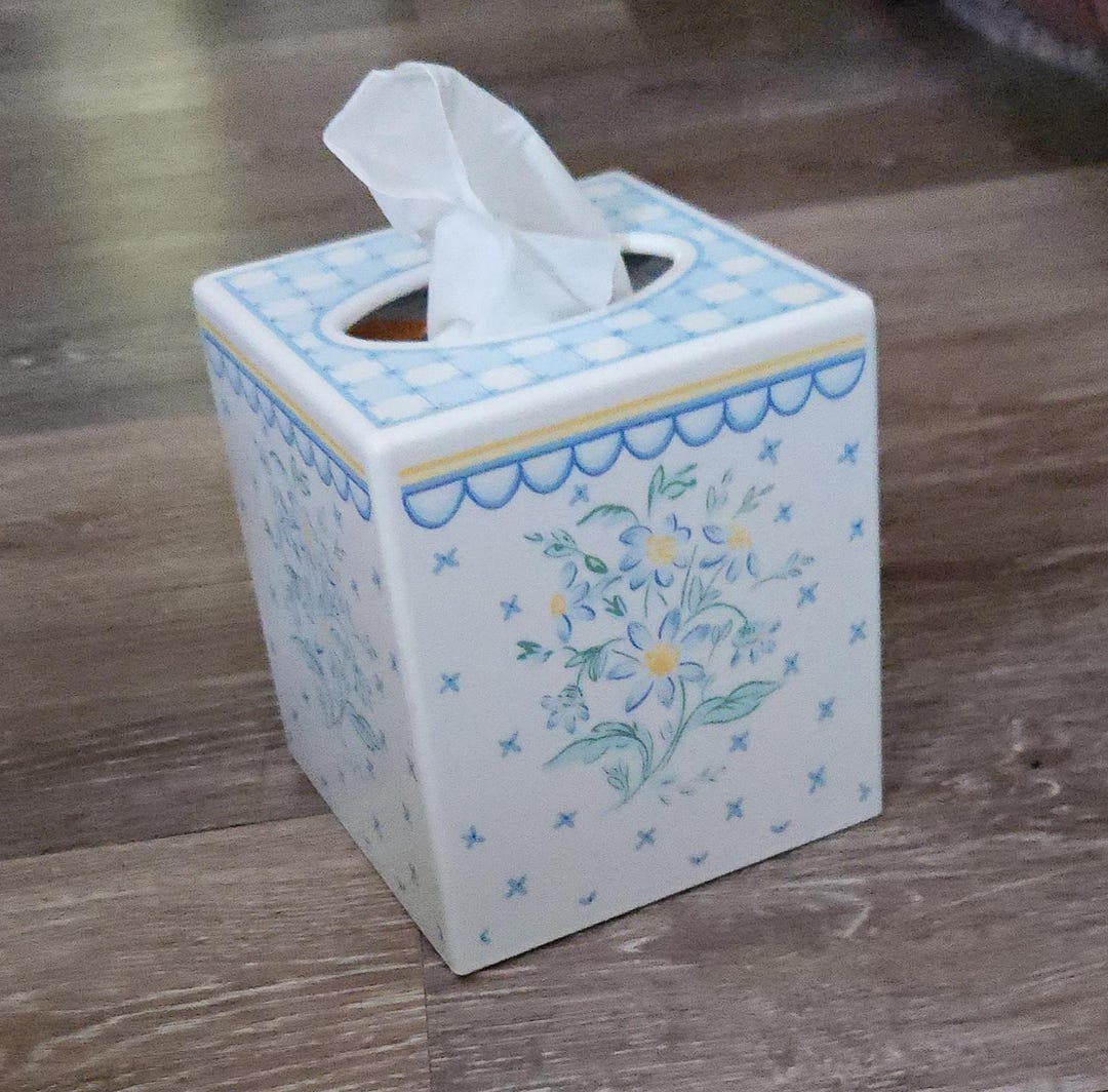 English Floral Tissue Box Holder Square 1980's Blue Flowers Checkered ...