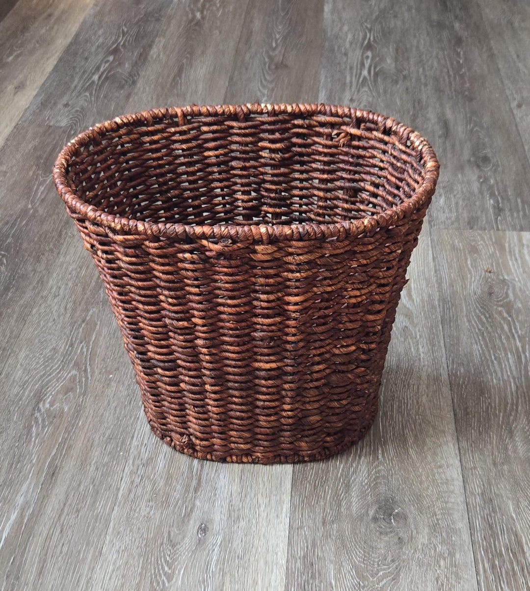 Vintage Wicker Rattan Refuse Canister Trash Can Hobo Bohemian Oval ...