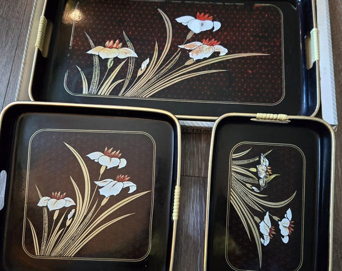 Vintage Set of 3 Toyo Black Lacquer Nesting Bar Trays -retro Barware ...