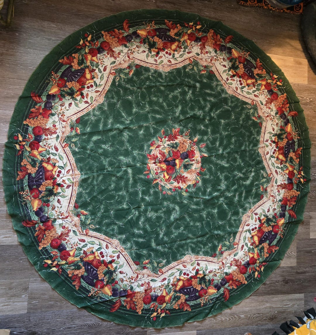 Vintage Round Tablecloth Leaves Fruit Veggies Grapes Pear Apple - 65in ...