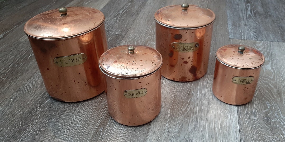 Solid Copper Korean 4 Canister Set Mid-century Brass Plates Flour Sugar ...
