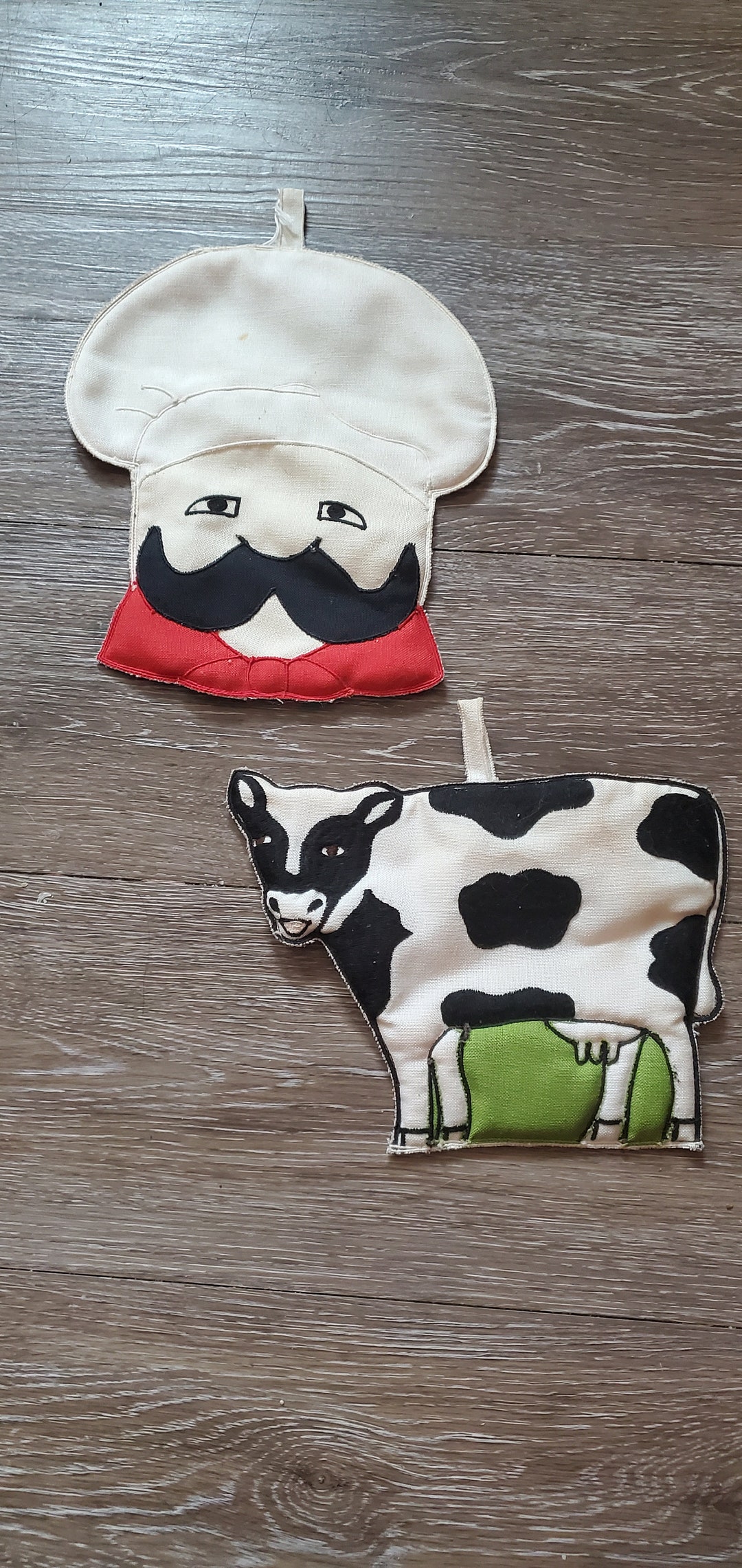 Vintage Handmade Chef and Cow Pot Holders Retro Kitchen Kitsch Kitchen ...