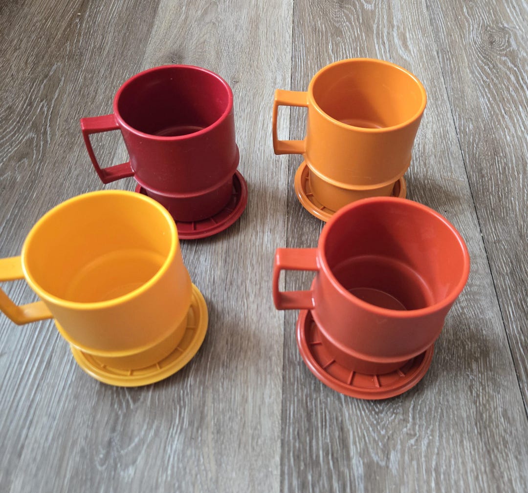 Vintage Tupperware Coffee Cups With Lids / Coasters Red Orange Yellow ...