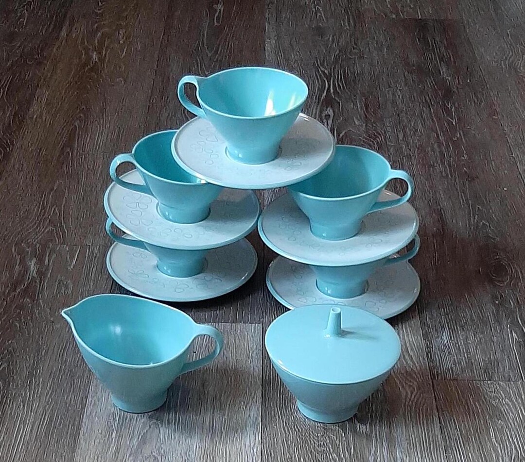 Set of 5 Fostoria Turquoise Tea Cups Saucers Melmac Cream and Sugar ...