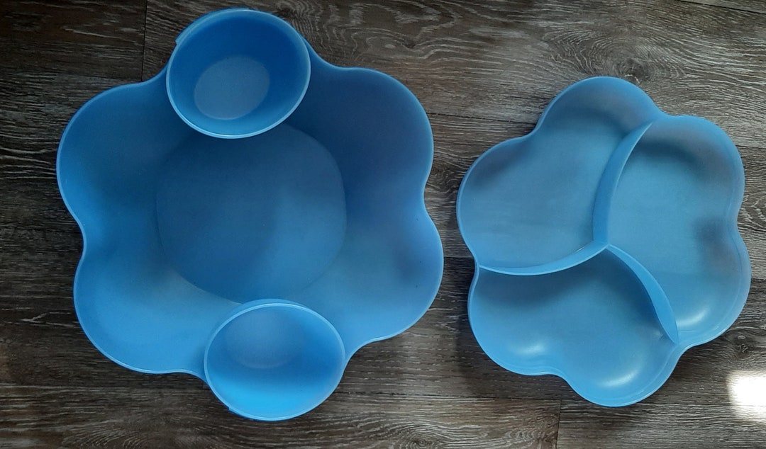 Tupperware Dark Blue Chip Dip Flower Bowl Set 4624A With 2 Bowls Lid as ...