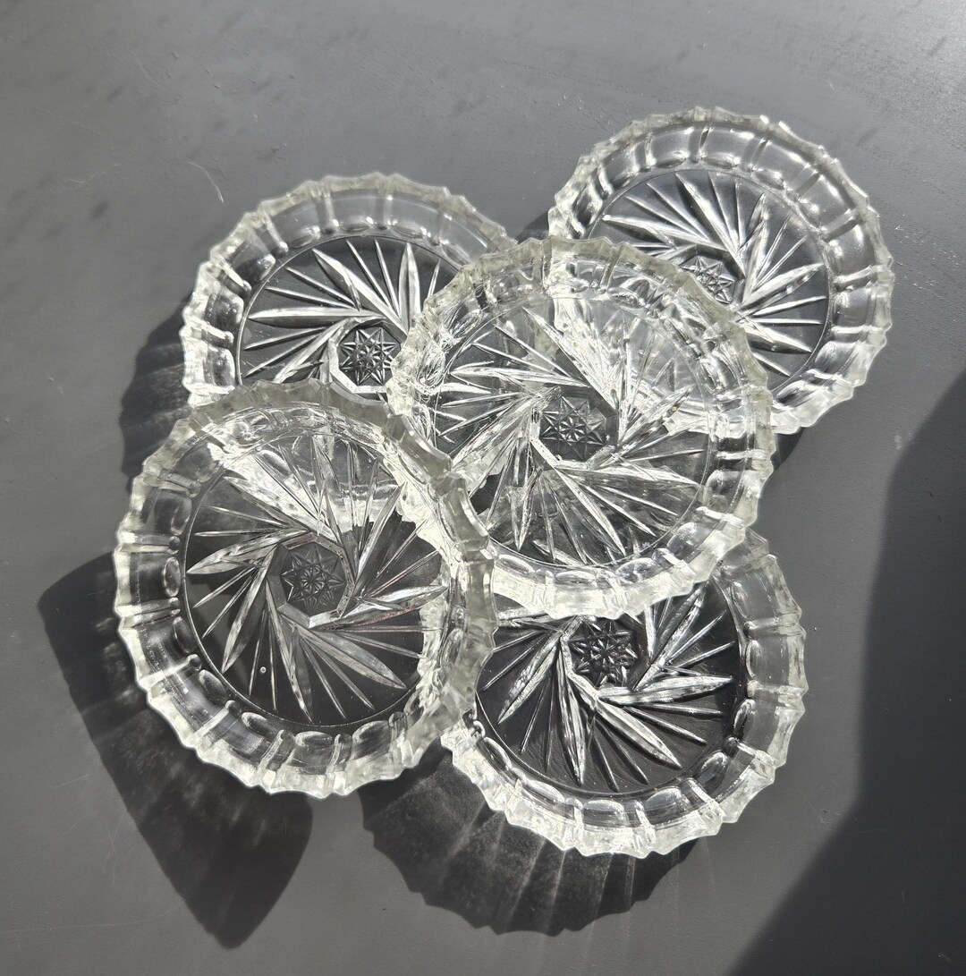 Mid-century Set of 5 Glass Drink Coasters With Detailed Rim Edge - MCM ...