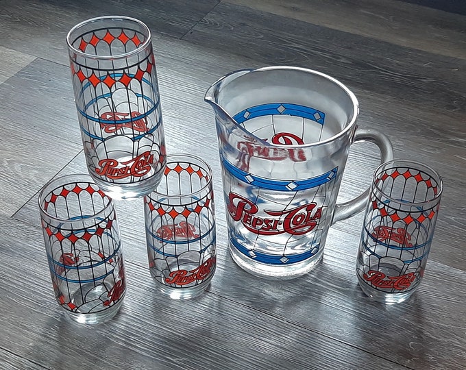 Vintage Pepsi Set of 4 Drinking Tumblers and 2 Quart Pitcher Retro Soda ...