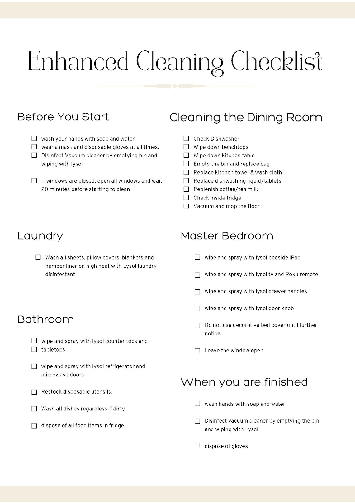 Air BNB Enhanced Cleaning Checklist Housekeeping Cleaning Schedule ...