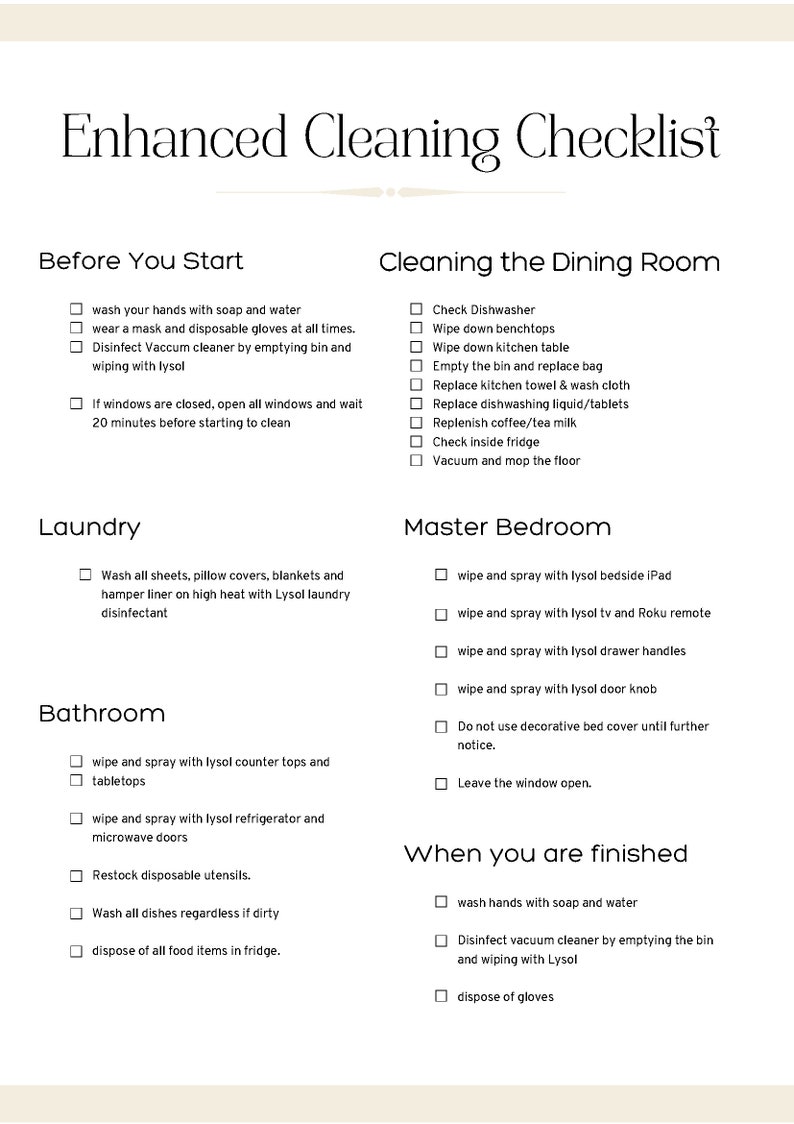 Air BNB Enhanced Cleaning Checklist Housekeeping Cleaning Schedule ...