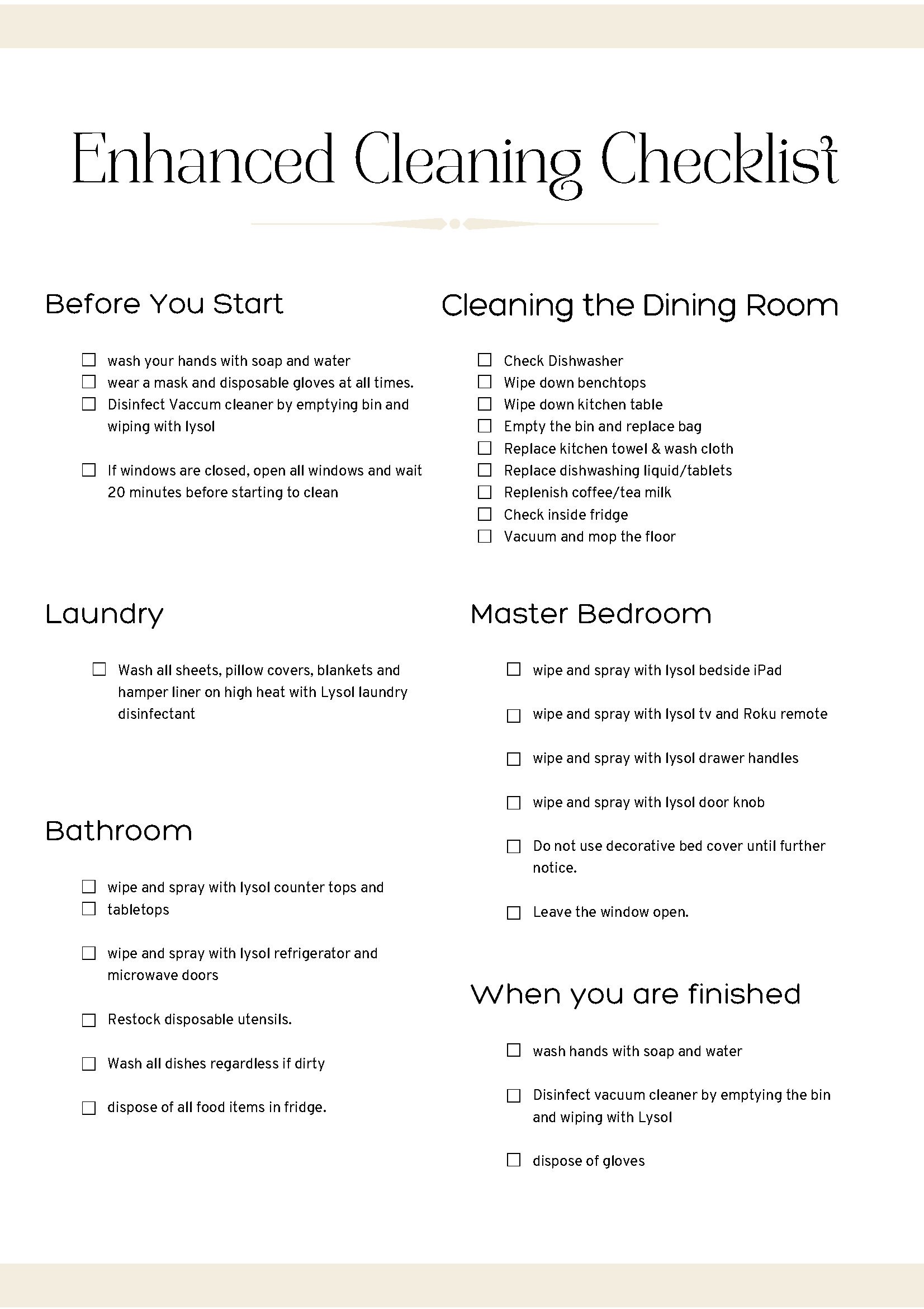 Air BNB Enhanced Cleaning Checklist Housekeeping Cleaning Schedule ...