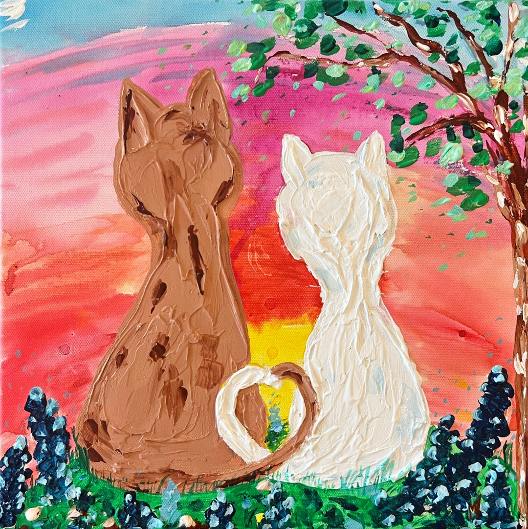 Romantic Cats Painting Bluebonnet Original Art Loving Couple Artwork ...