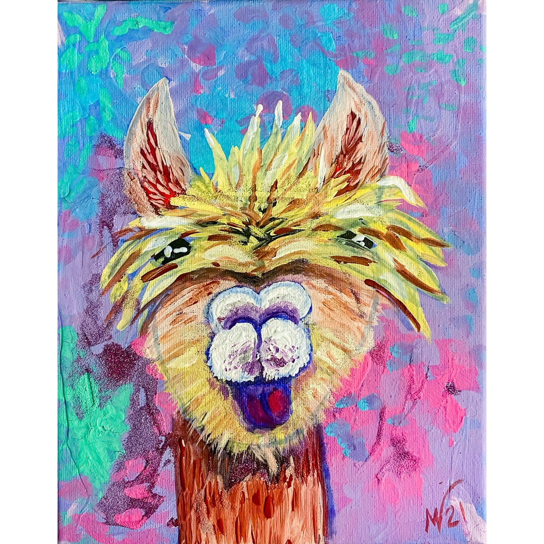 Lama Painting Whimsical Alpaca Original Art Animal Small Art Inches ...