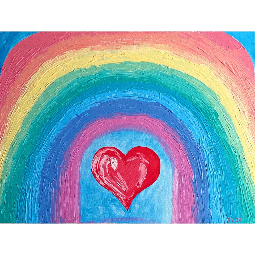 Rainbow & Heart Wall Art Original Painting Canvas Art Abstraction ...