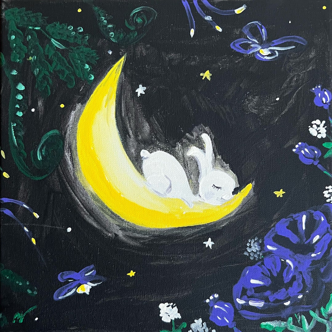 Moon Bunny Art Original Painting Black Canvas Artwork Animal - Etsy
