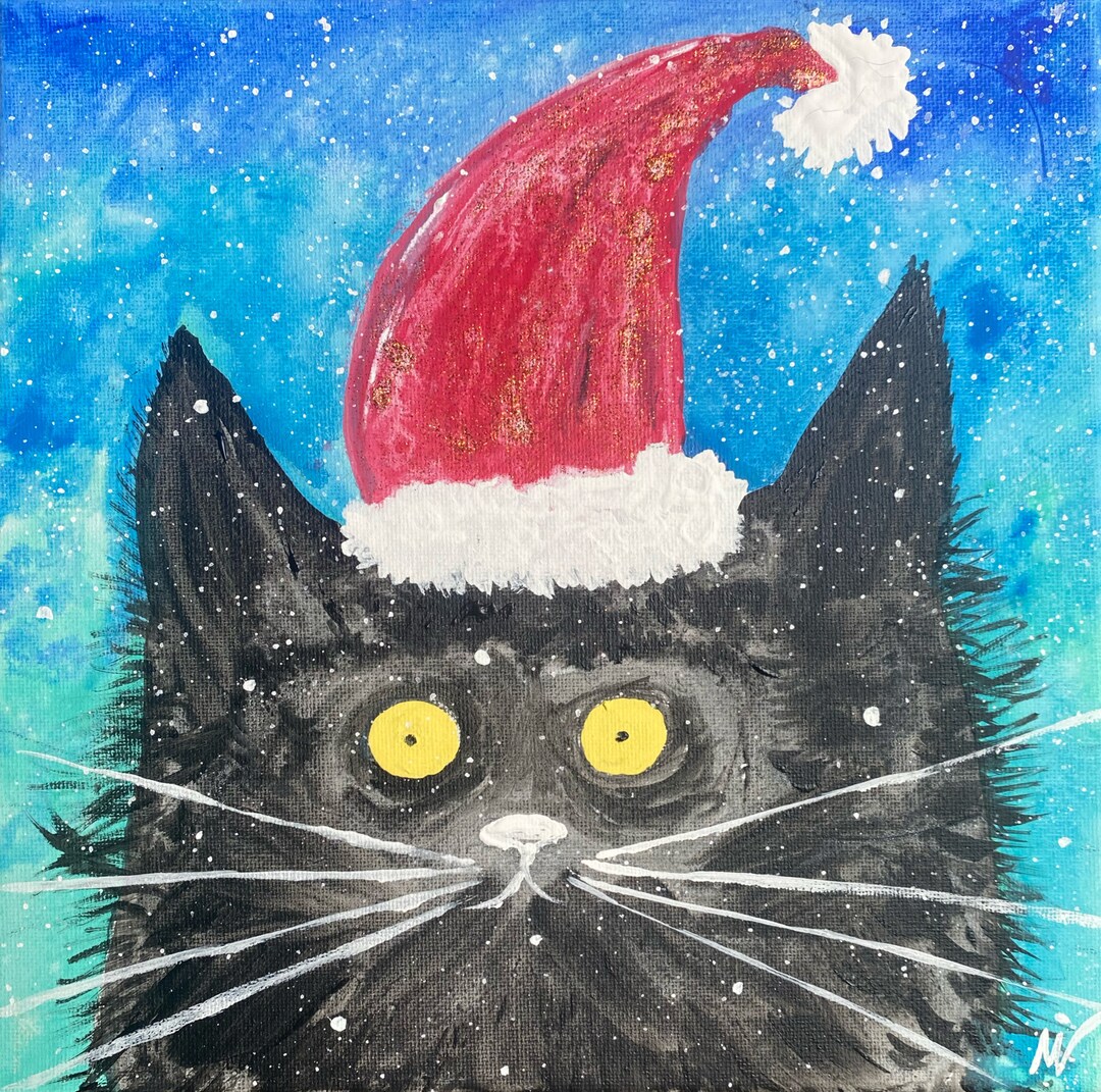Snow Cat Painting Winter Original Art Square on Canvas Acrylic Artwork ...