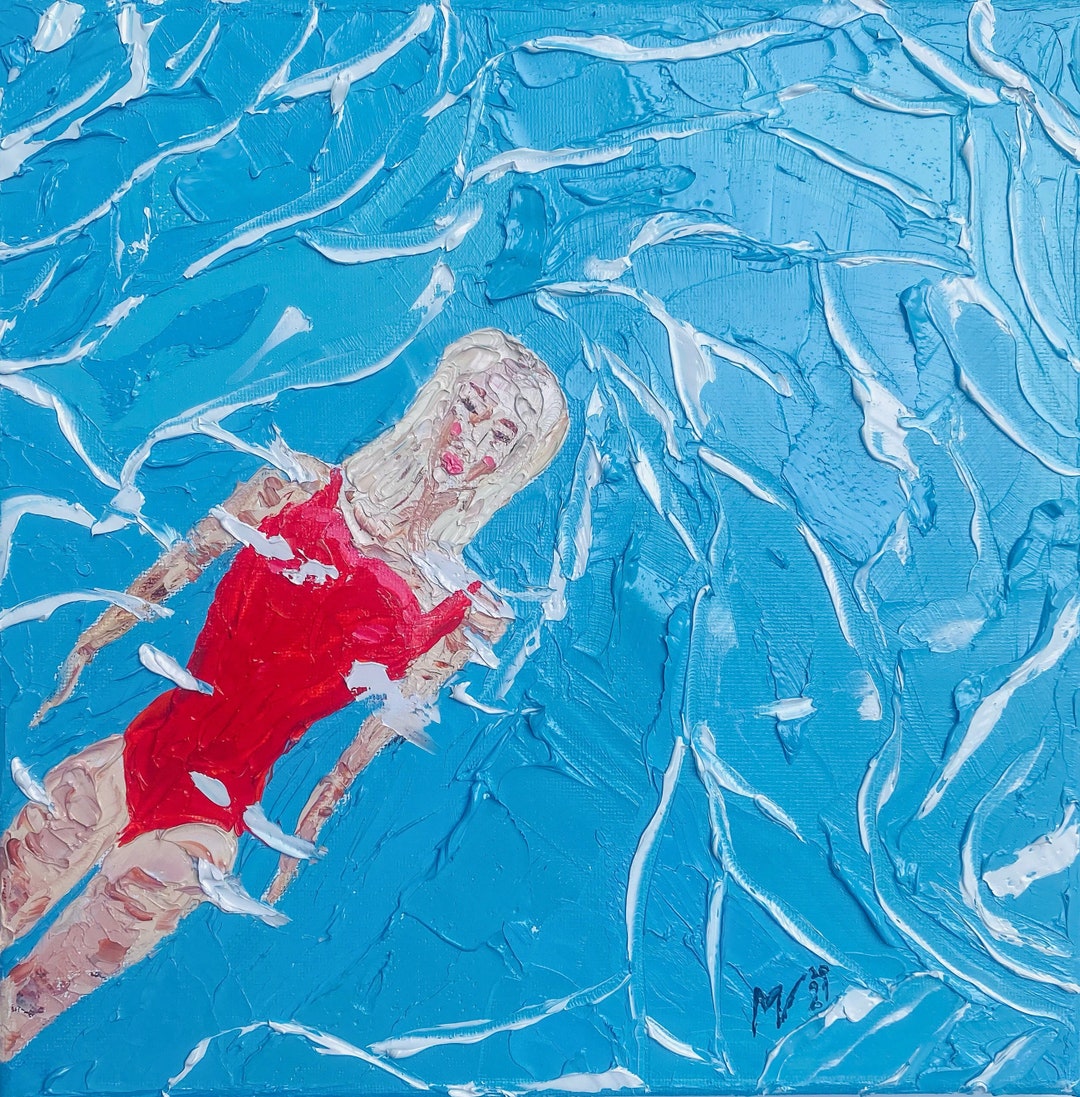 Swimming Pool Painting Swimmer Original Art Impasto Oil Canvas Artwork ...
