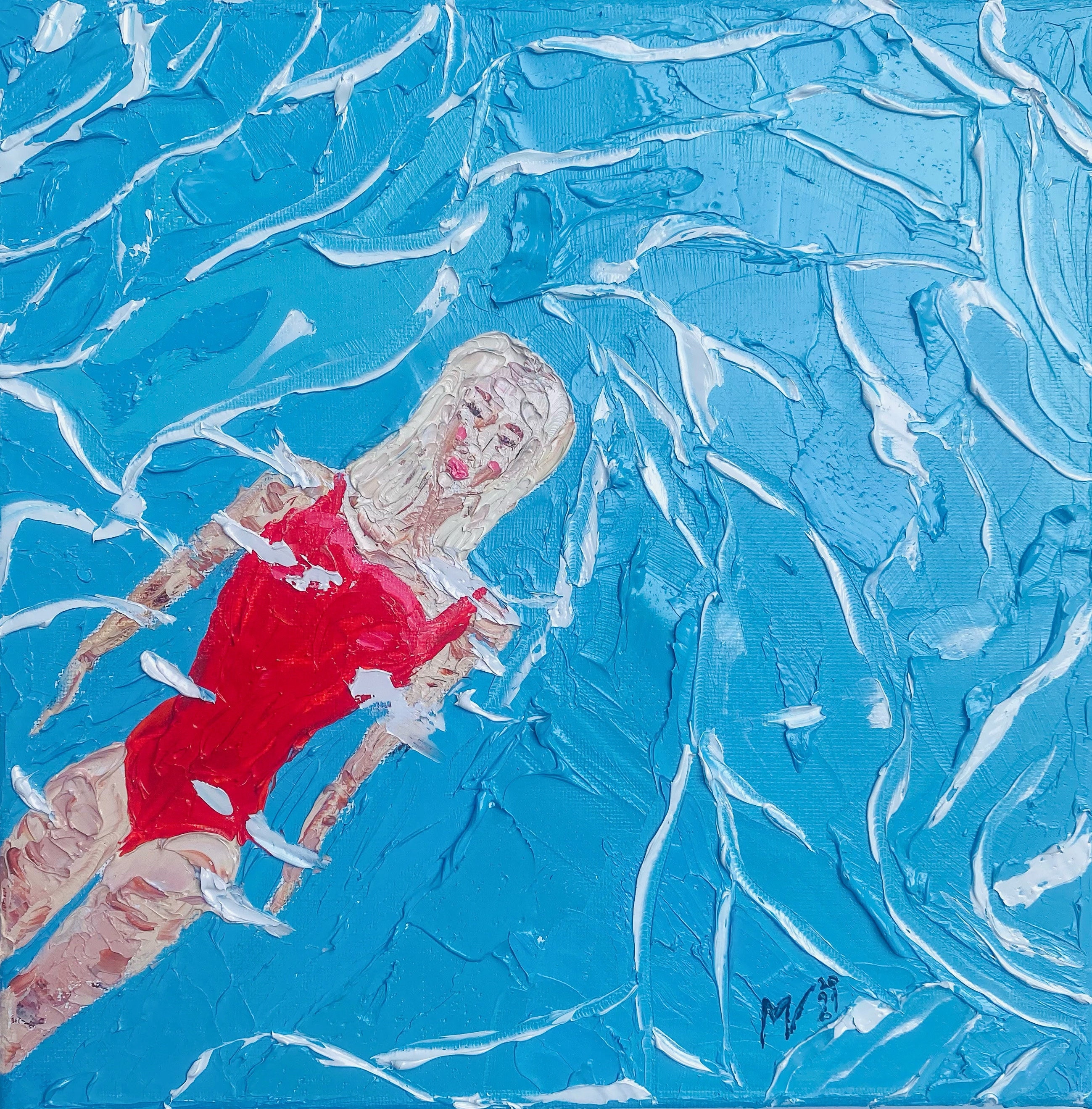 Swimming Pool Painting Swimmer Original Art Impasto Oil Canvas Artwork ...