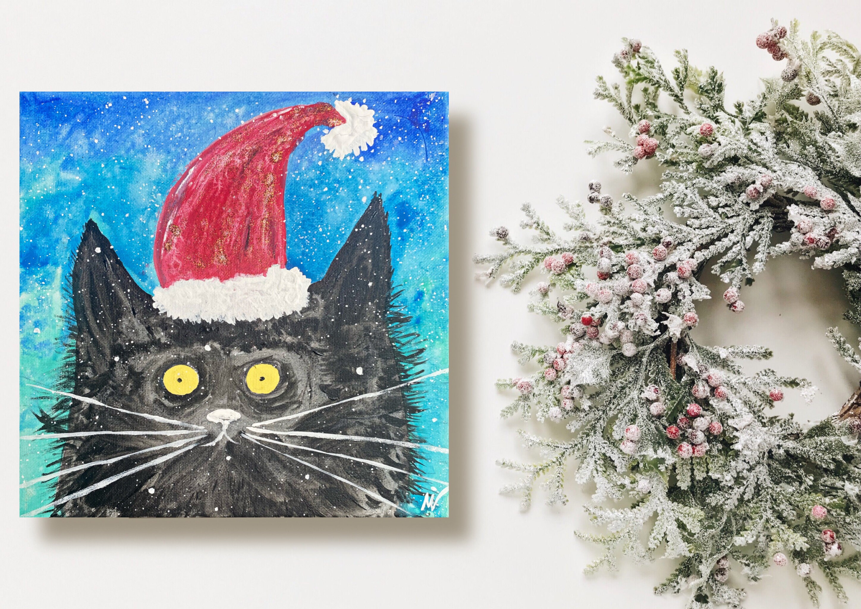 Snow Cat Painting Winter Original Art Square on Canvas Acrylic - Etsy
