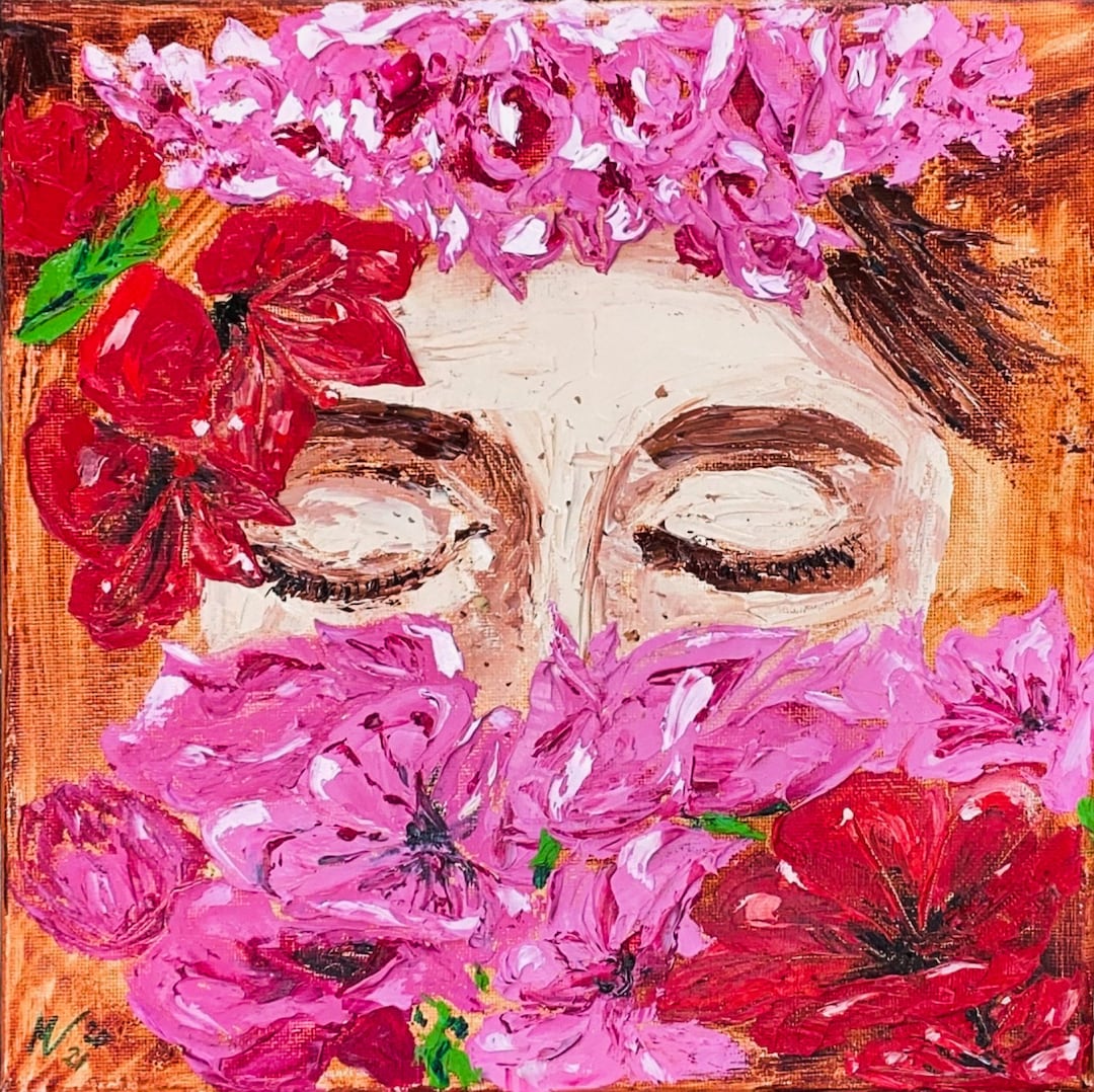 Portrait Woman Art Flower Face Original 3d Impasto Oil Artwork Lady ...