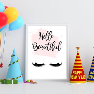 Hello Beautiful Wall Art Print Sign, Eye Lashes Fashion Print, Blush ...