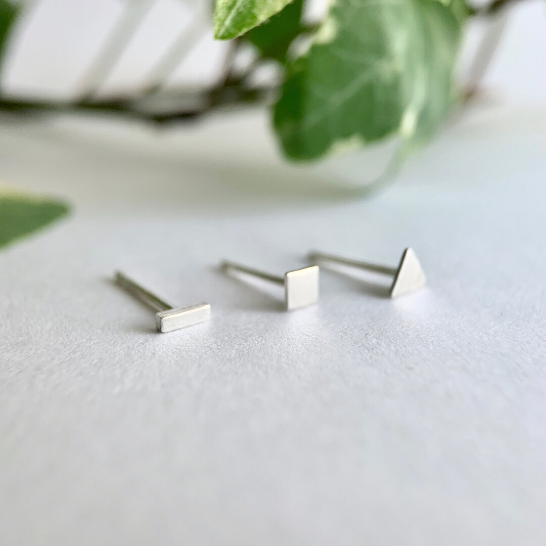 Set of Three Tiny Studs, Sterling Silver, Geometric Jewellery, Triangle ...
