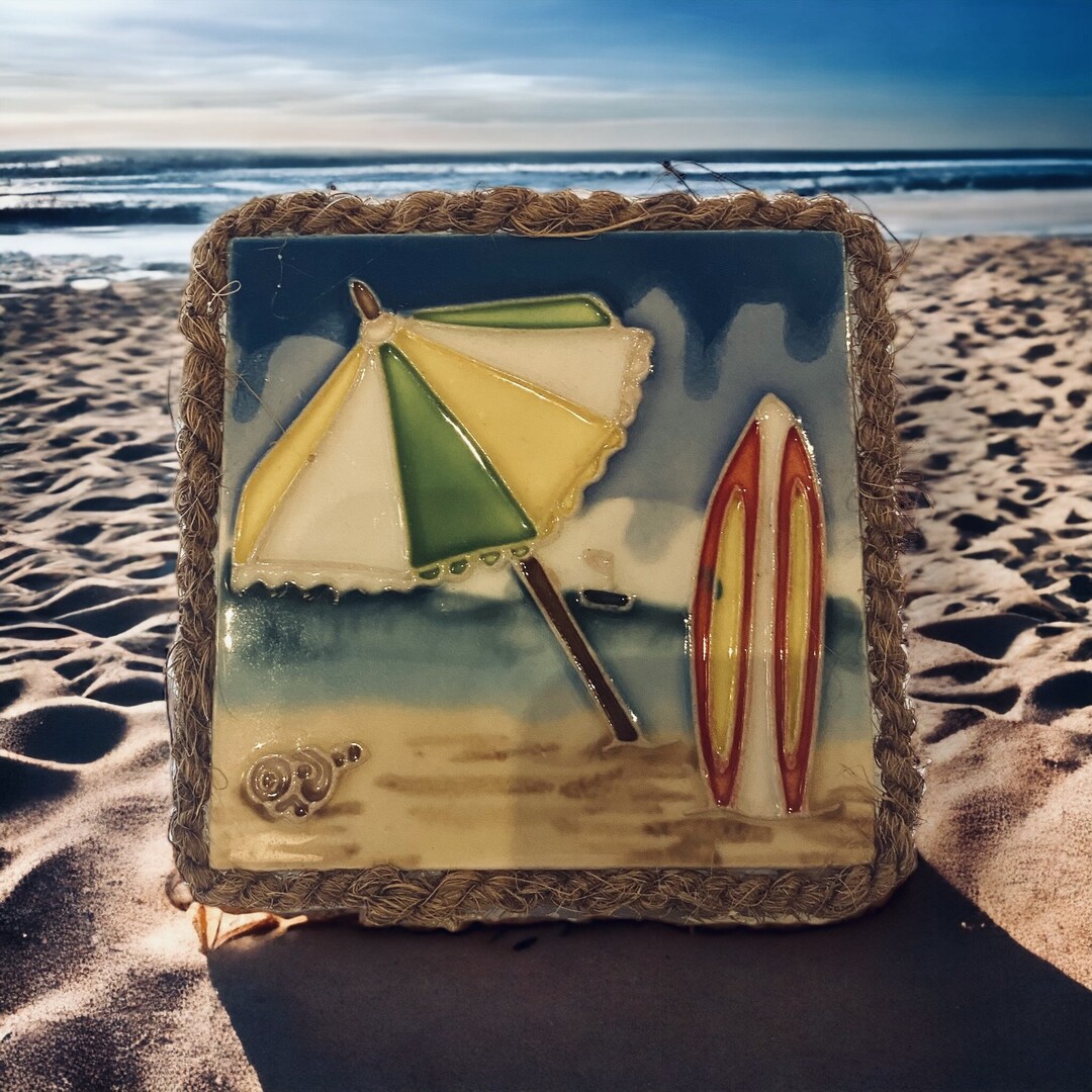 Ceramic Tile Wall Art, "surfing at the Beach", Hand Painted Seaside ...