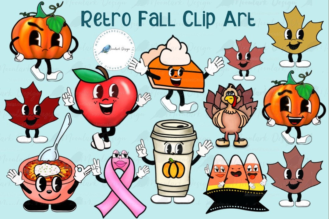 Retro Fall Character Clipart, Retro Cartoon, Pumpkin Clip Art, Leaf ...
