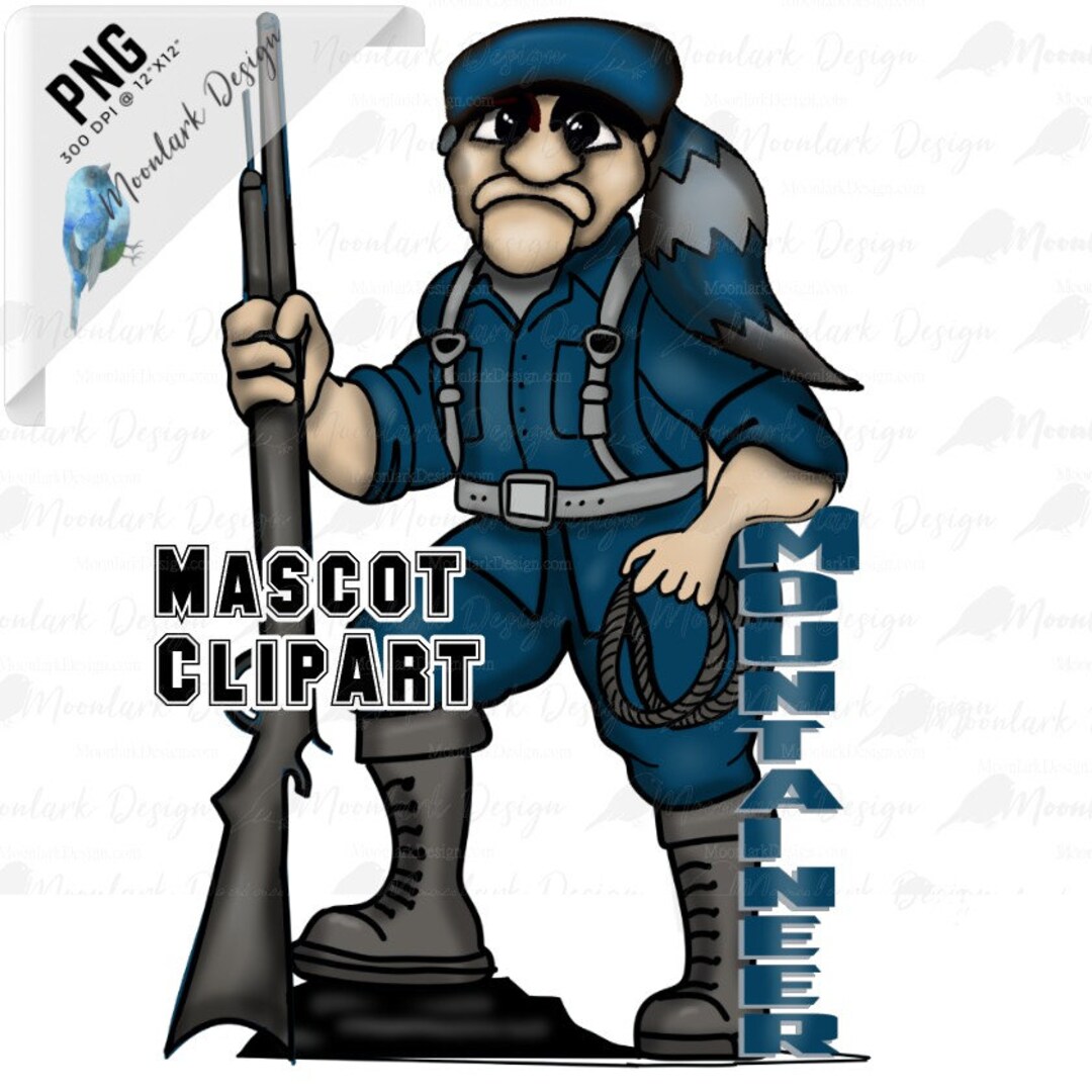 Mountaineer Full Body Mascot, Leaning on Word, With Musket, With Rope ...