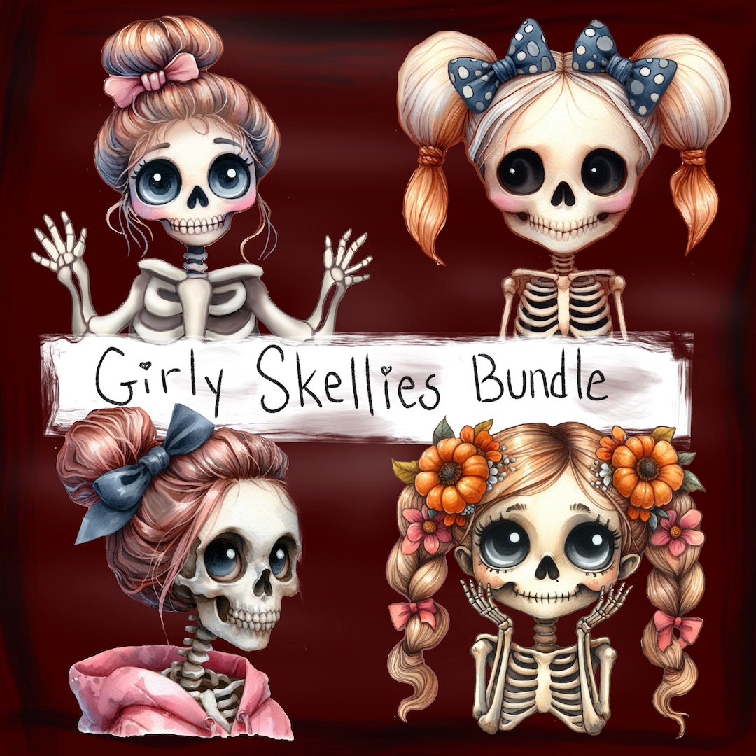 Girly Skeleton Clip Art, Skeleton PNG, Halloween Skeleton, Messy Bun ...