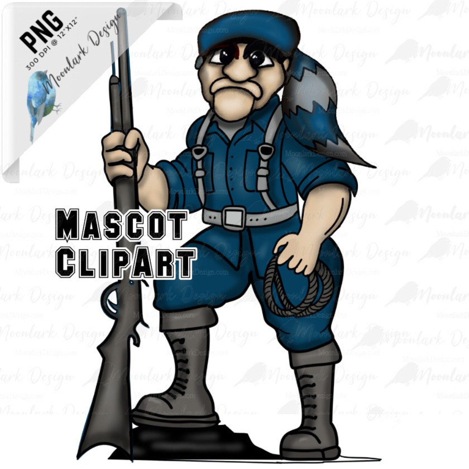 Pioneer Full Body Mascot, Leaning on Word, With Musket, With Rope ...