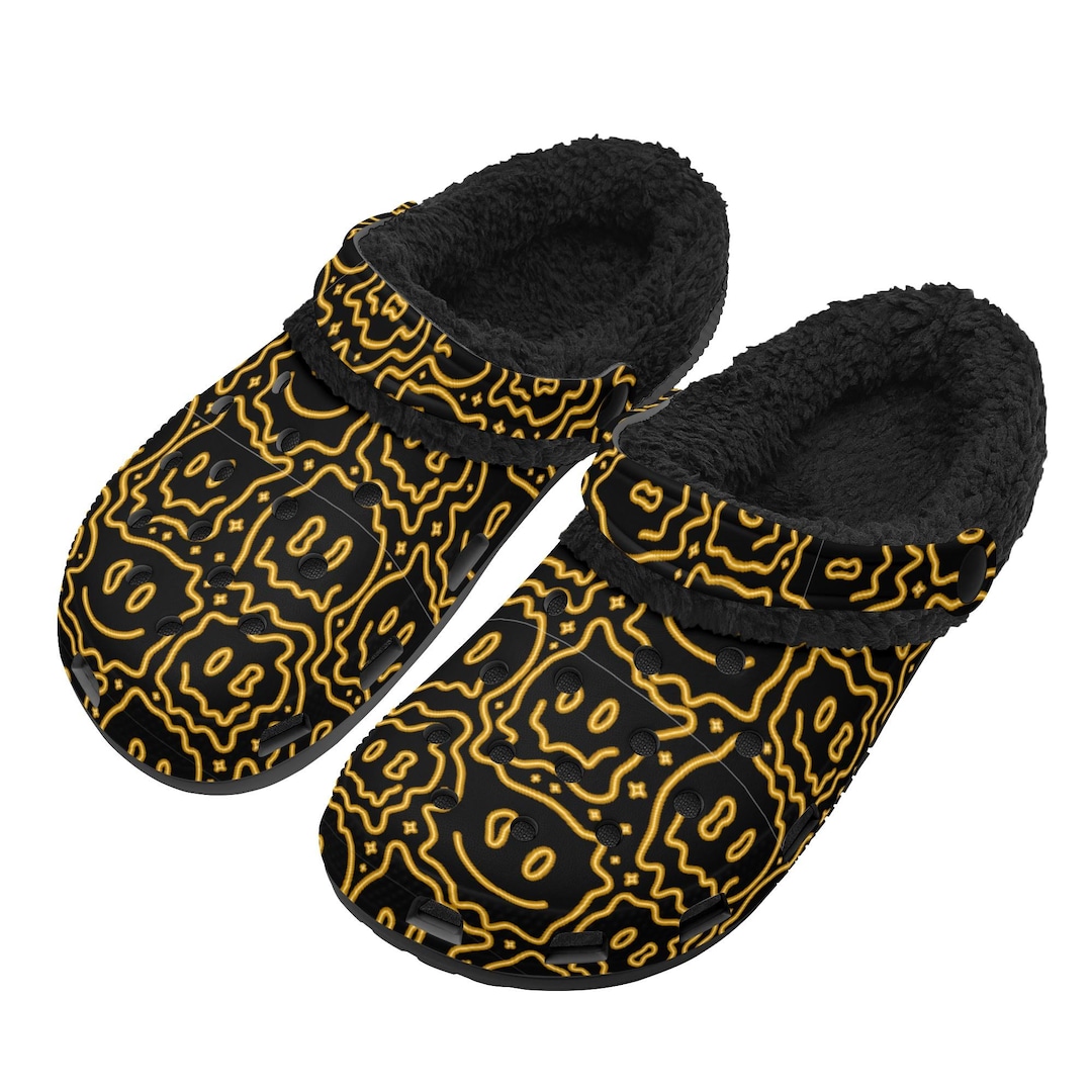 Smiley Face Melting Smiles Adults Black Warm House Clog Winter Fur ...