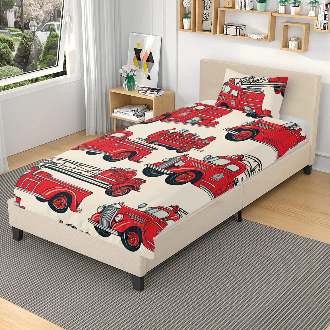 Firetruck Fireman Red Design Bed Sheet Set 3 Pcs Beddings Soft ...