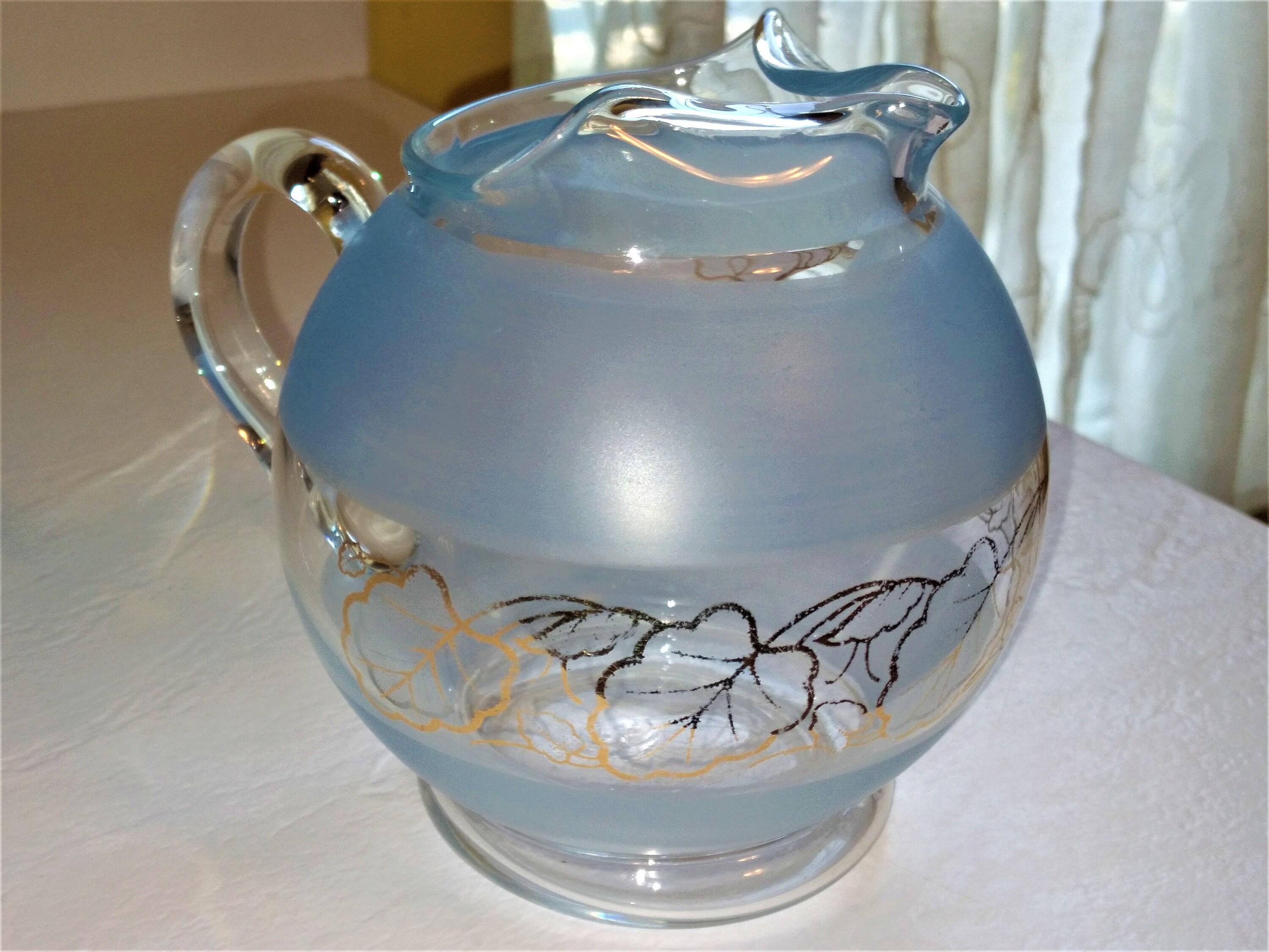 Vintage Glass Round Pitcher With Blue Frosted Bands Gold Leaves Mid ...