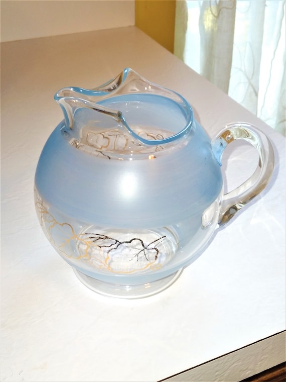 Vintage Glass Round Pitcher With Blue Frosted Bands Gold - Etsy