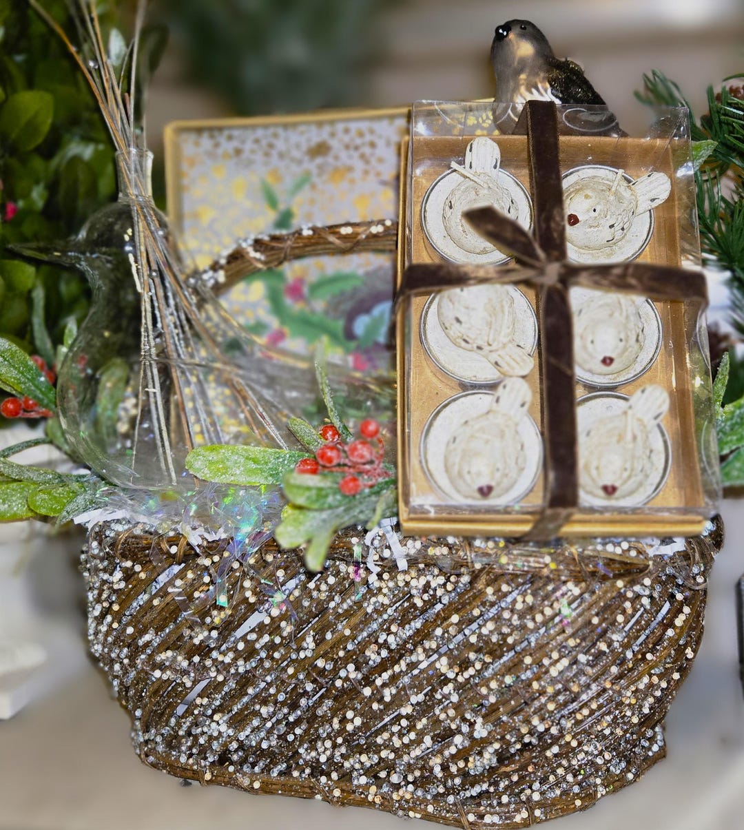 Bird Lover's Gift Basket Charming Gift in Sparkly Basket Blown Glass ...