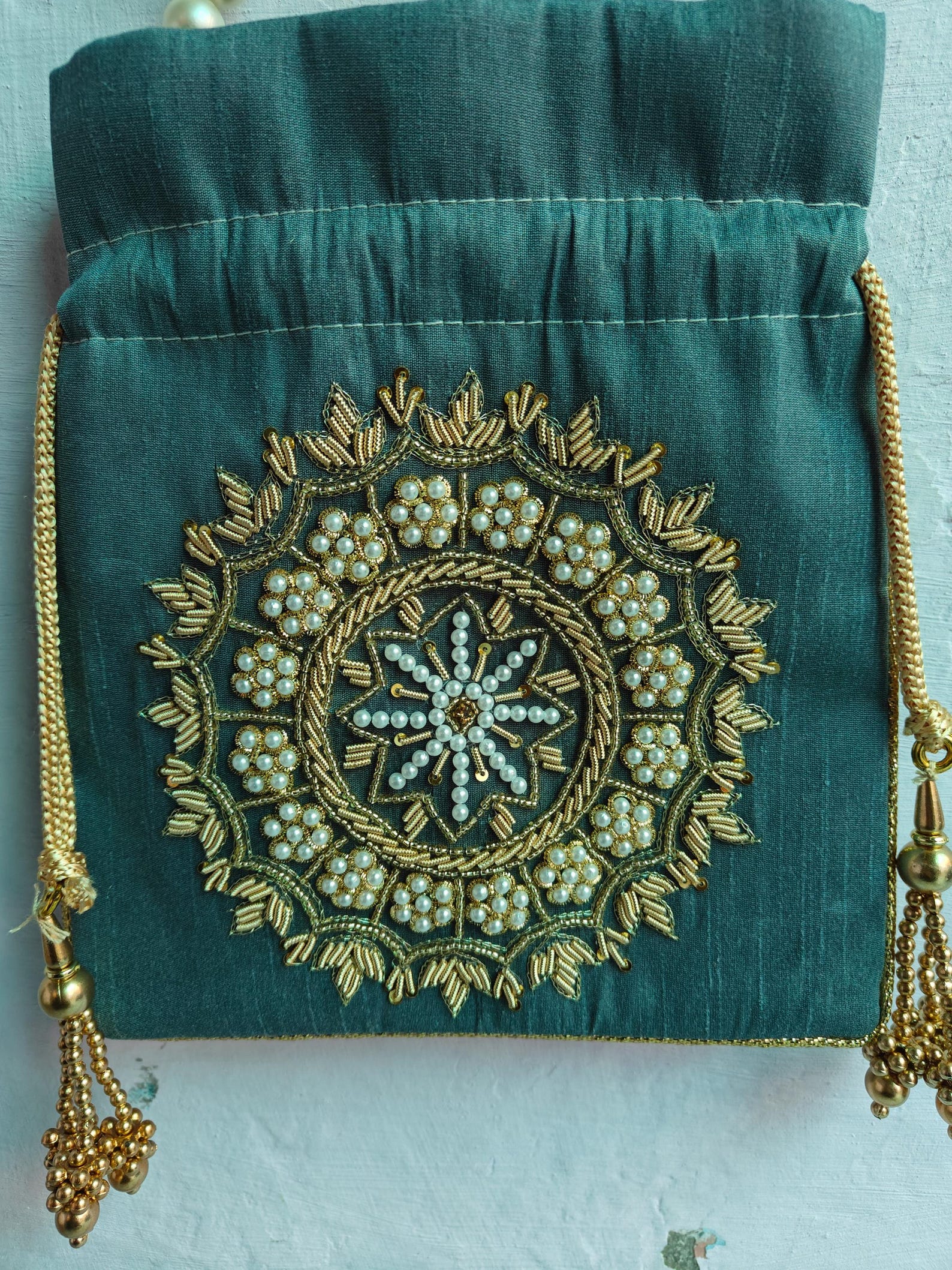 Indian Designer Potli Bag for Women, Golden Border Silk Traditional ...