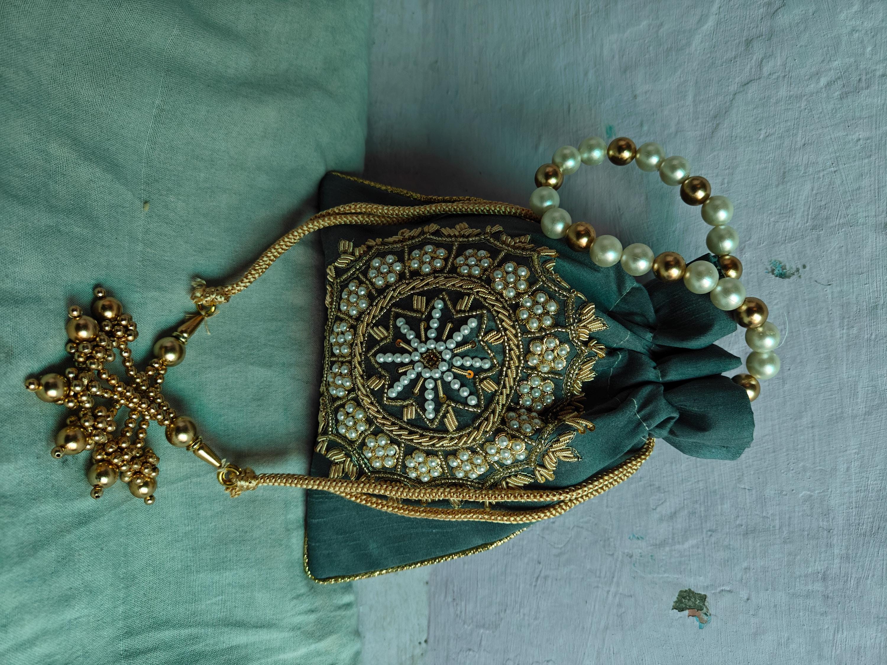 Indian Designer Potli Bag for Women, Golden Border Silk Traditional ...