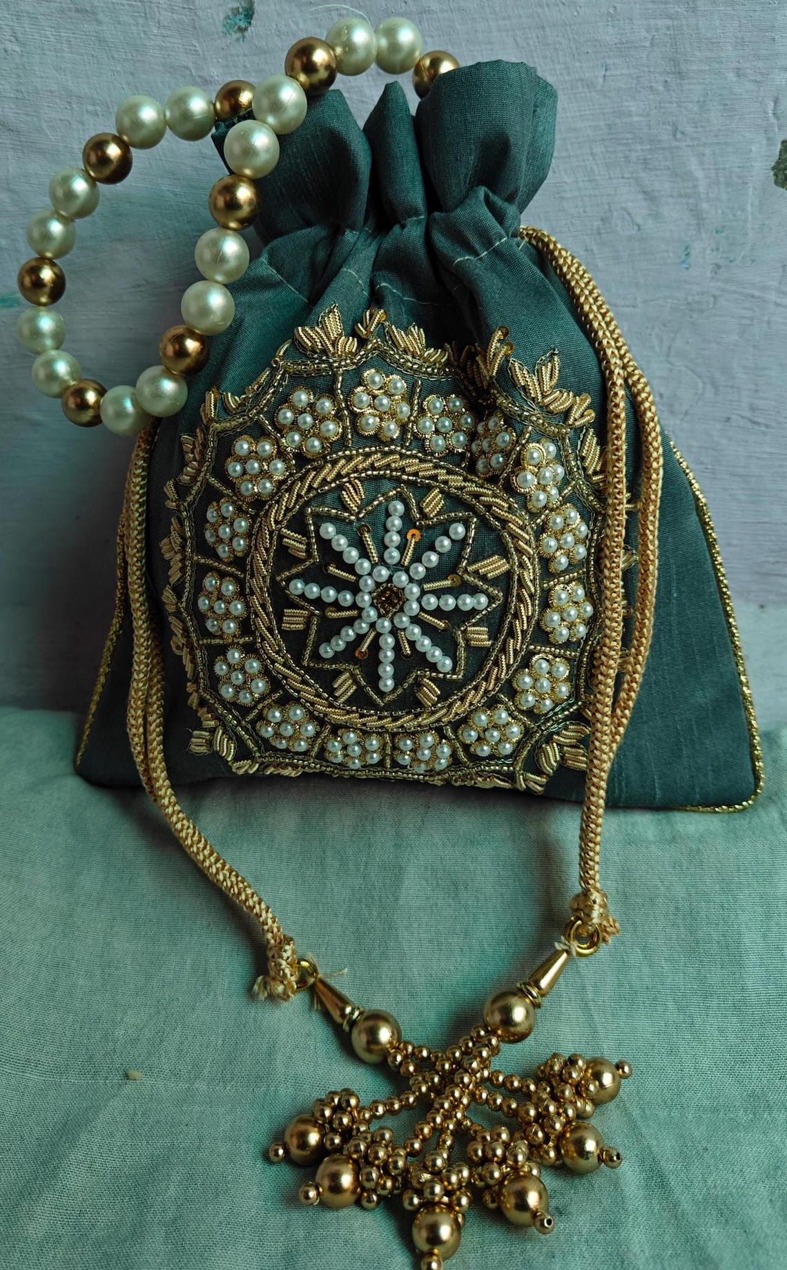 Indian Designer Potli Bag for Women, Golden Border Silk Traditional ...