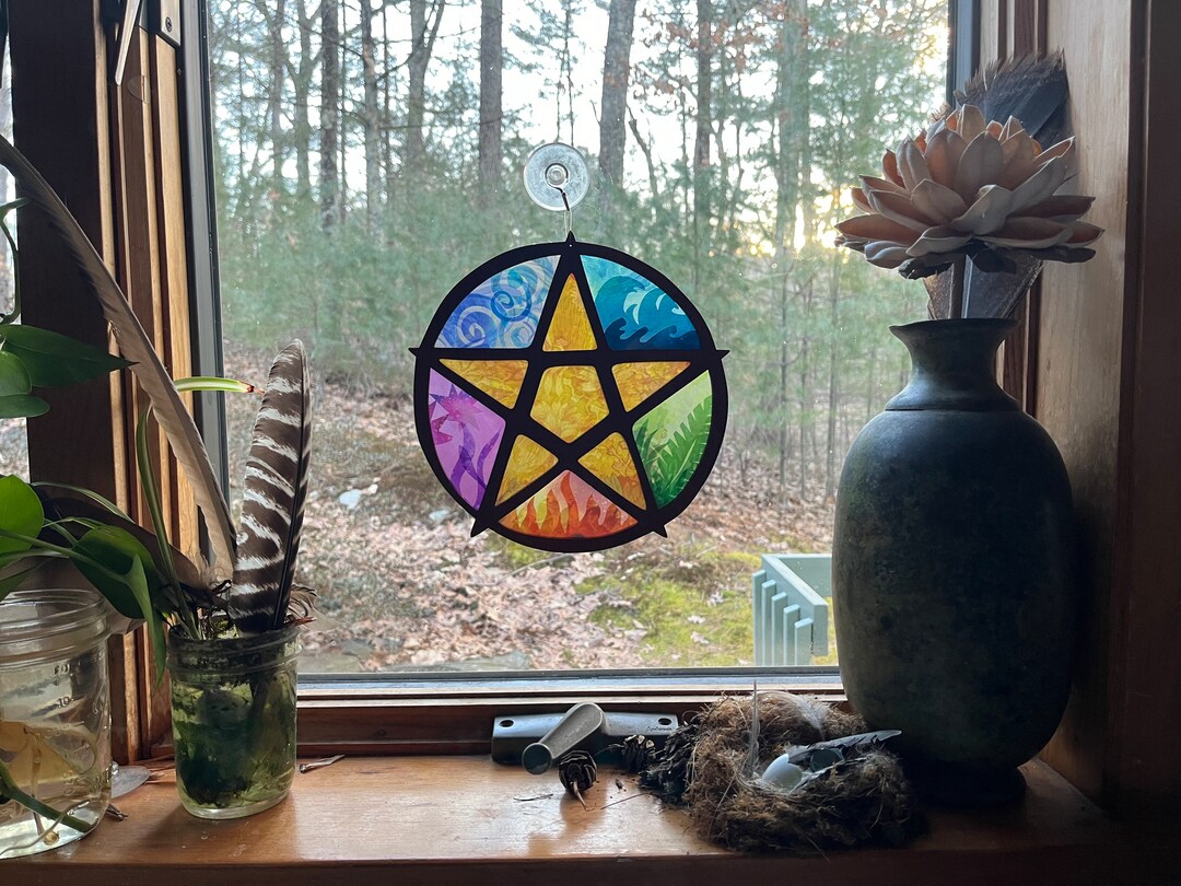Wiccan/pagan Pentagram Suncatcher for Window, Color Elements of Nature ...