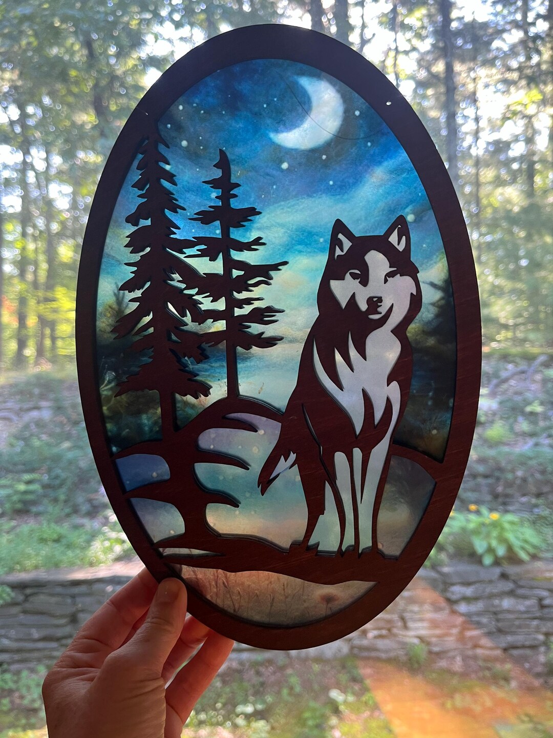 Wolf Suncatcher, Nature Scene Spooky Magical Wooden Suncatcher. Waldorf ...