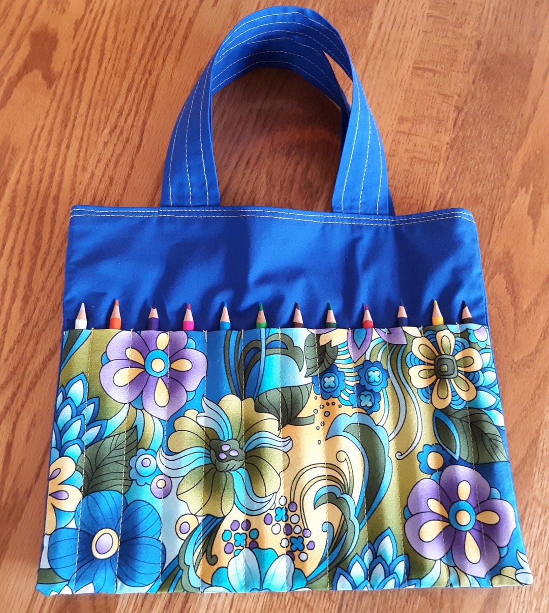Coloring Book Bag for Advanced Coloring, Blue Floral Fabric Bag With 12 ...