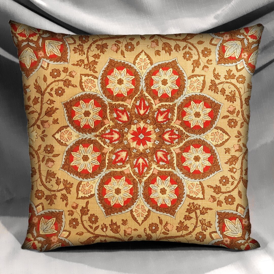 Boho Pillow Cover, Vintage Jaclyn Smith Home Fabric, MCM Hippie 1970s Cotton Print, Gold Pillow ...