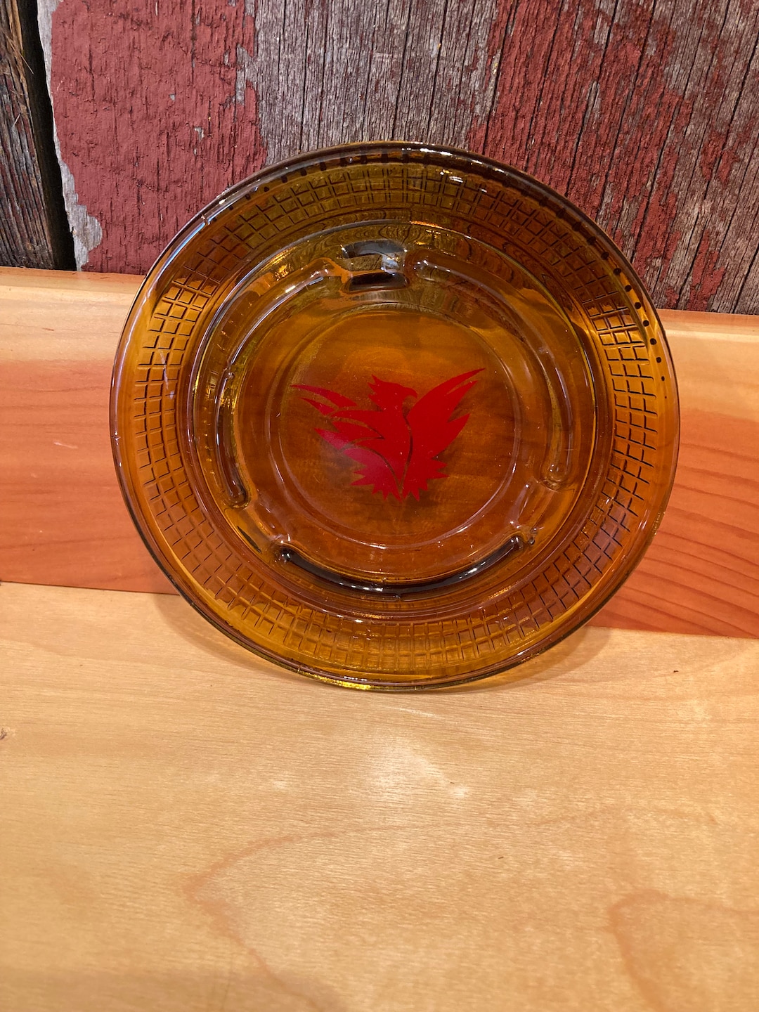 Rare Collectible Vintage Etched Amber Glass Ashtray With Phoenix Rising ...