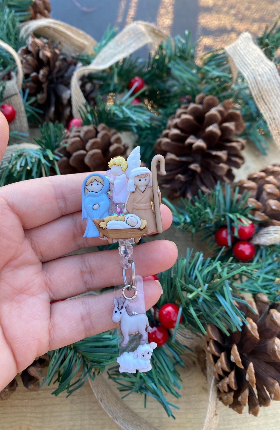 Baby Jesus Badge Reel With Joseph, Mary, Angel, Donkey & Lamb on ...