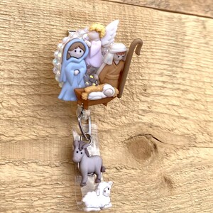 Baby Jesus Badge Reel With Joseph, Mary, Angel, Donkey & Lamb on ...
