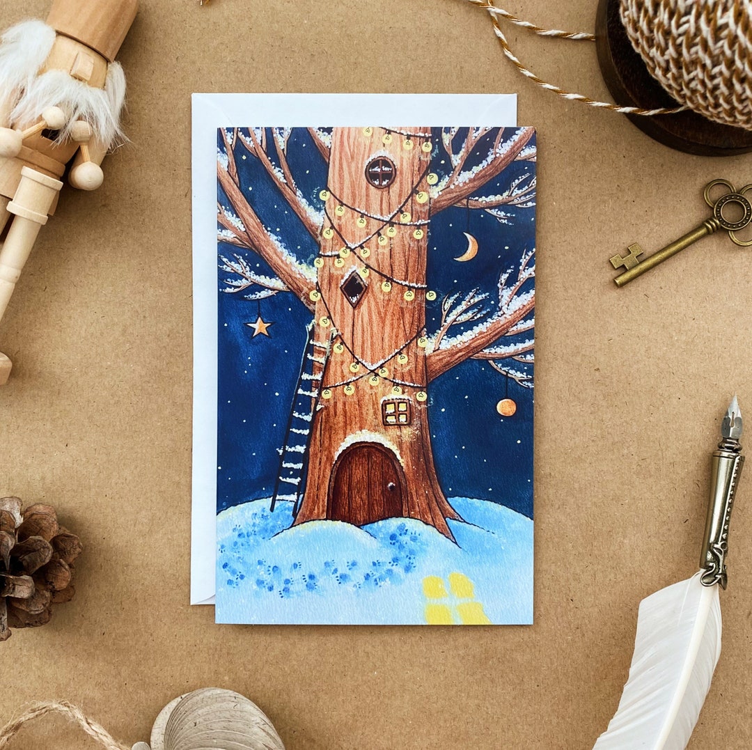 Winter Forest Treehouse - Printed Christmas Folded Greeting Card With ...
