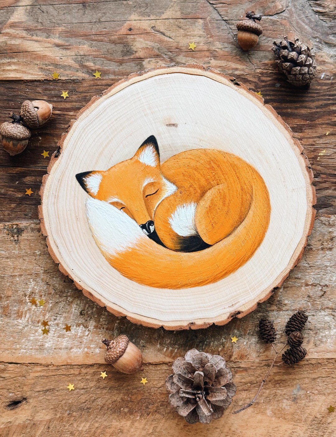 Hand-painted Wooden Slice | Sleeping Fox - Etsy